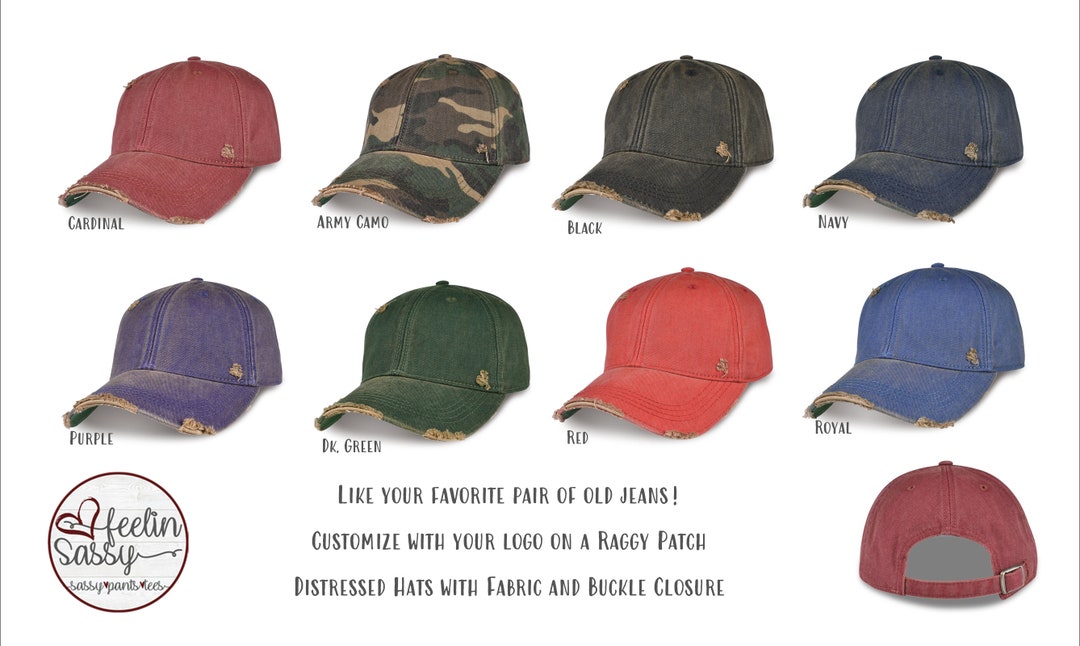 Weathered Logo Hat, Fabric and Buckle Closure, Custom Distressed Raggy ...