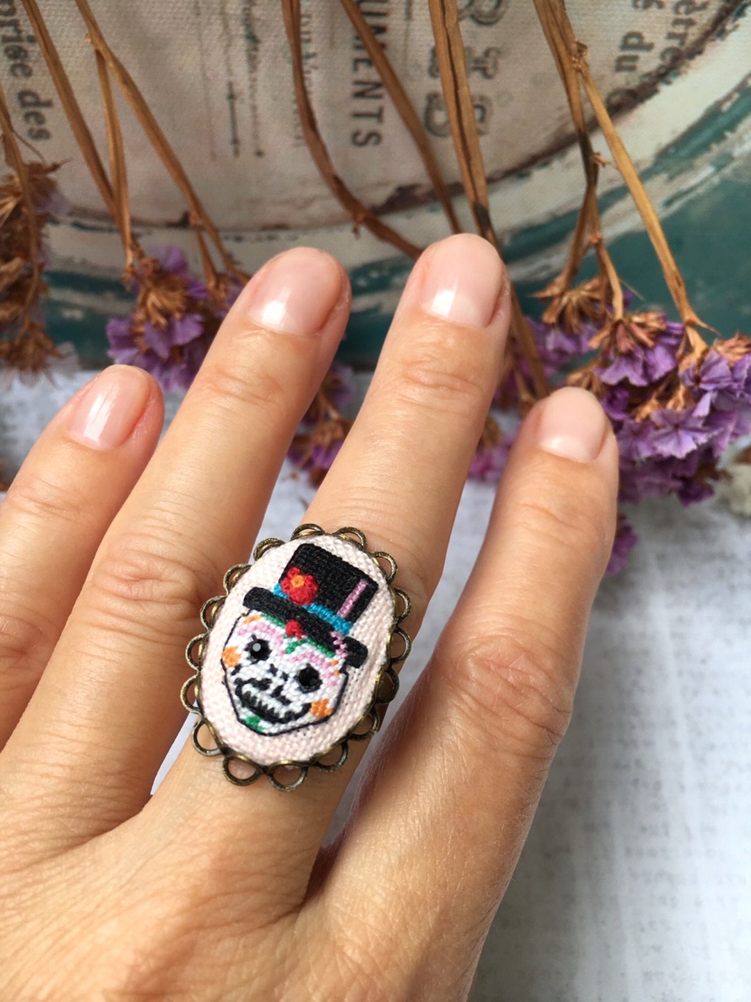 Mexican Sugar Skull Calavera Man Ring. Day of the Dead Embroidered Ring ...