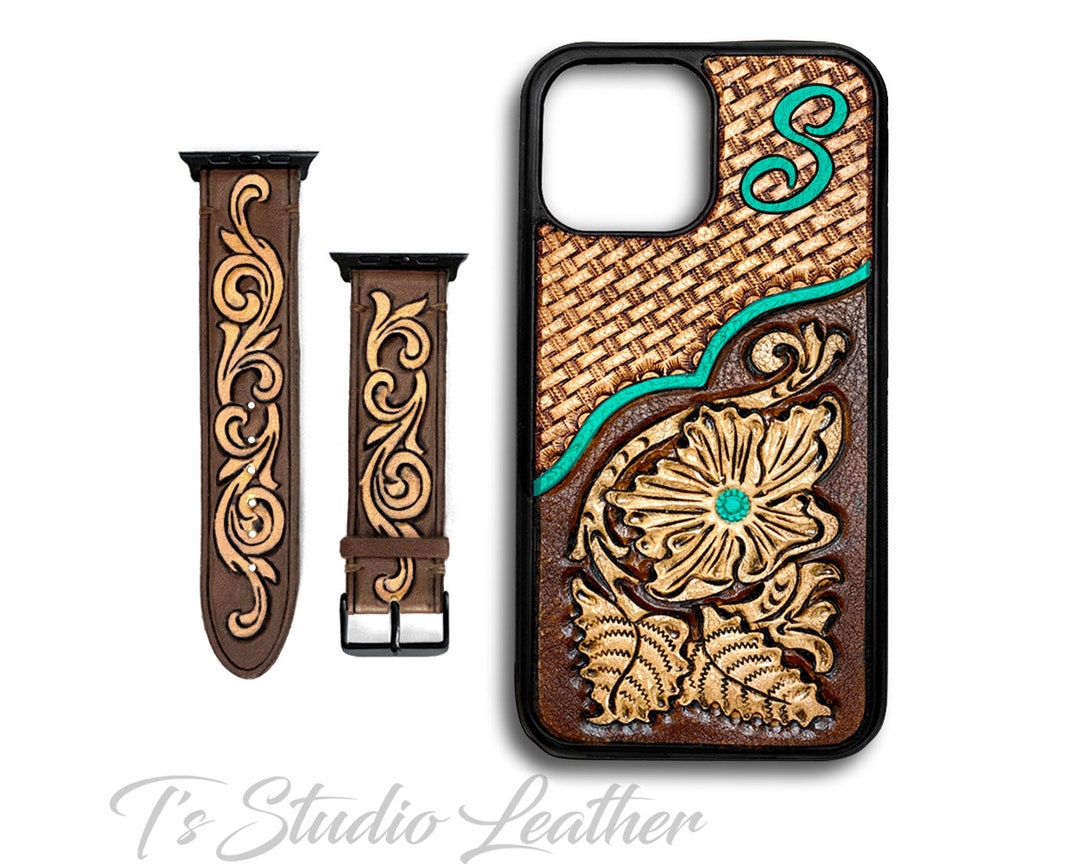 Western Style Hand Tooled Leather Phone Case With Matching Apple Watch ...