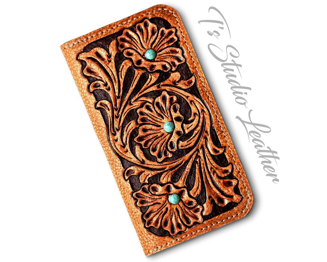Saddle Tan Western Style Hand Tooled Leather Wallet Style Phone Case by ...