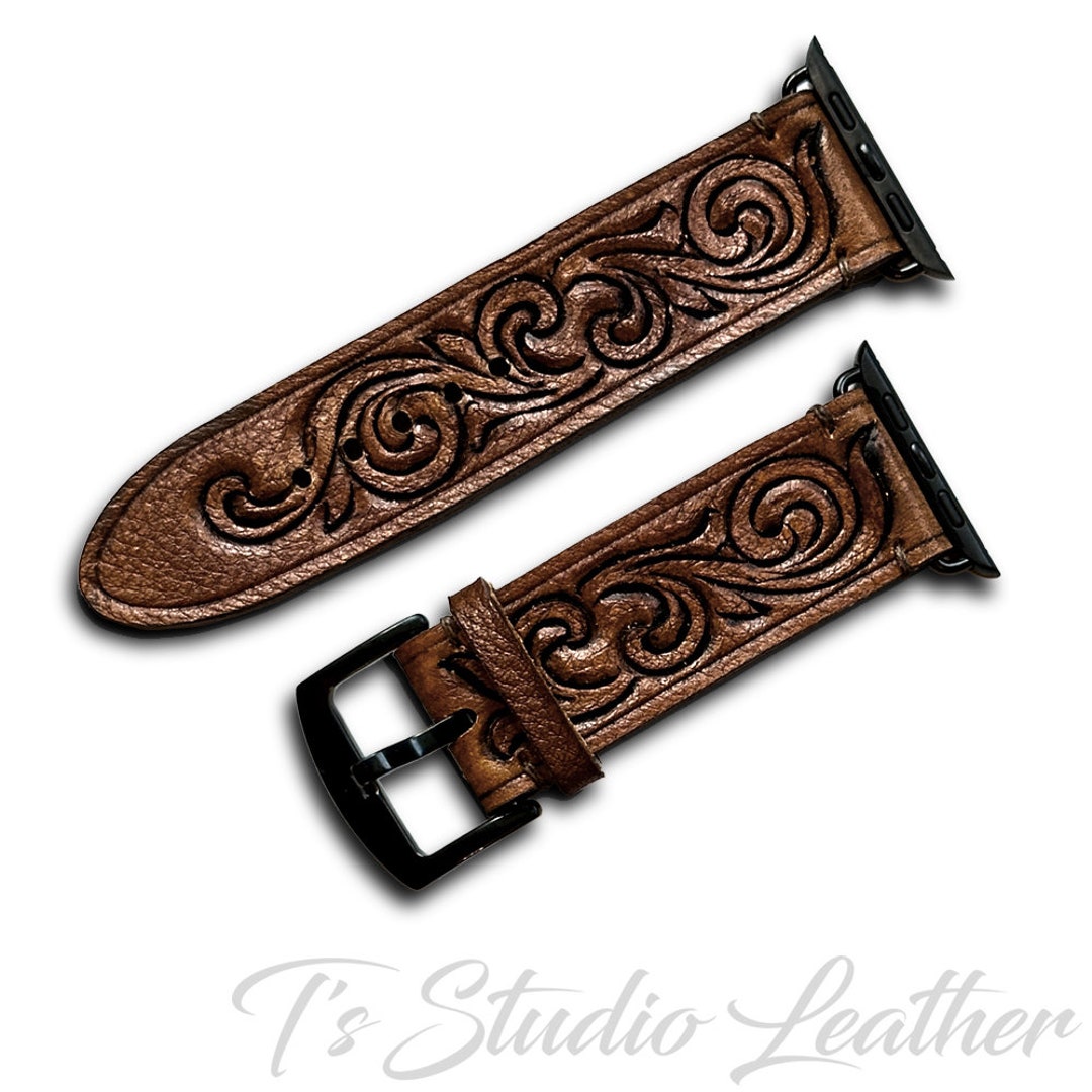 Western Style Hand Tooled Leather Watch Band in Dark Brown - Genuine ...