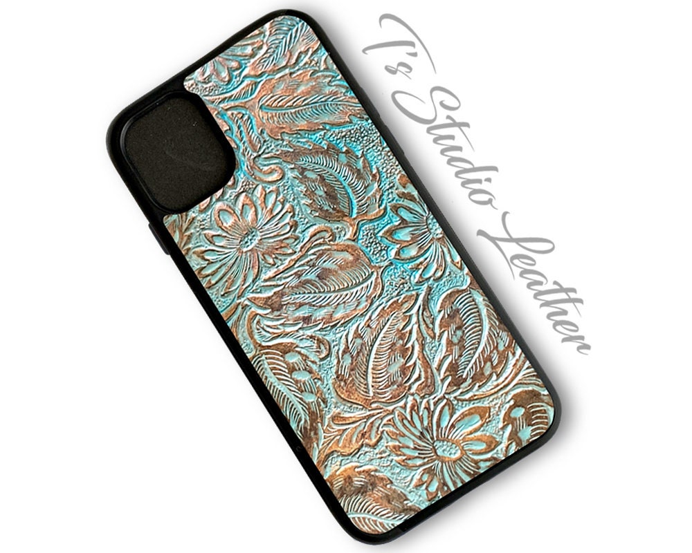 Copper and Turquoise Embossed Leather Phone Case by Ts Studio - Etsy