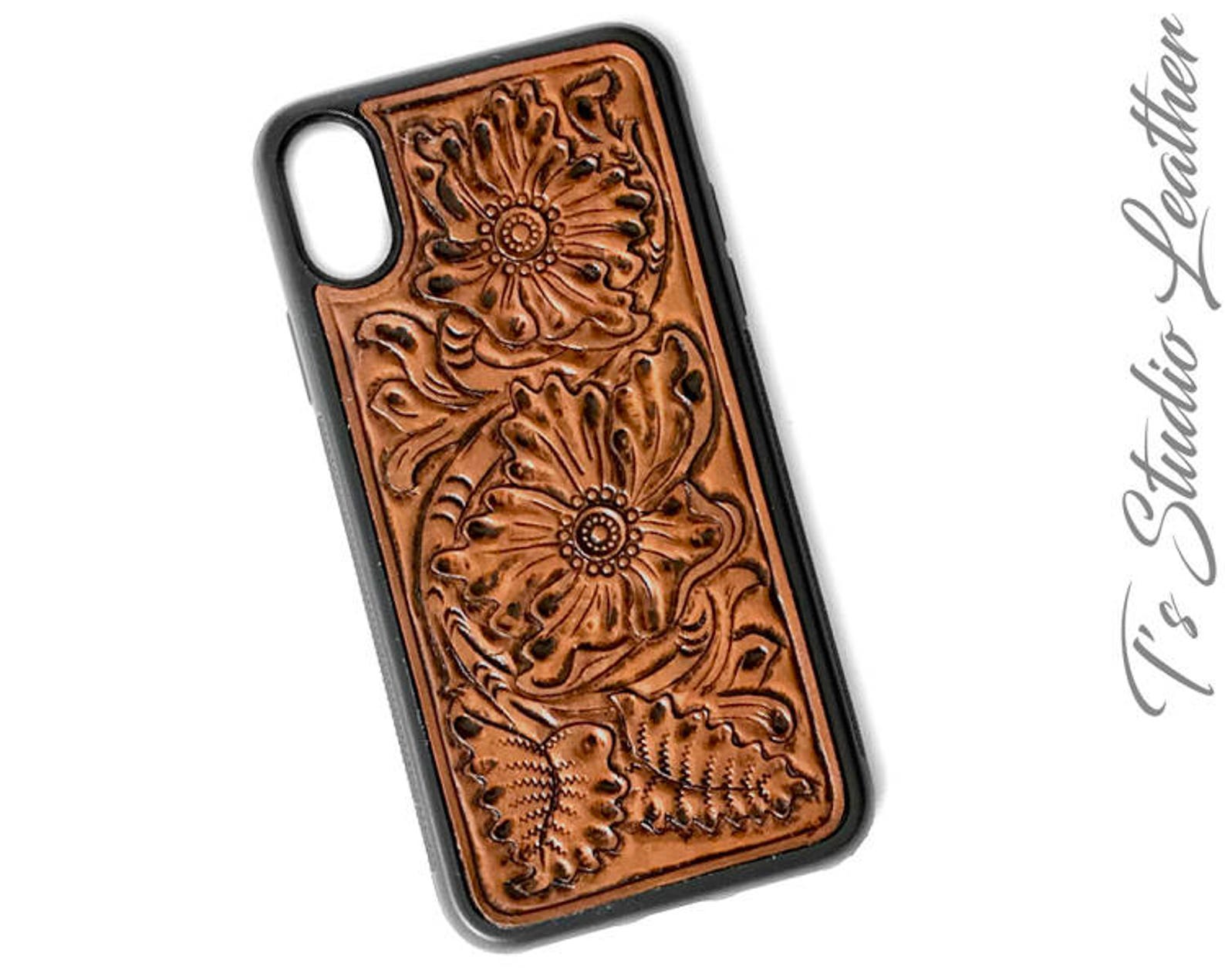Hand Tooled Natural Tan Leather Phone Case - Western Style Tool Leather ...