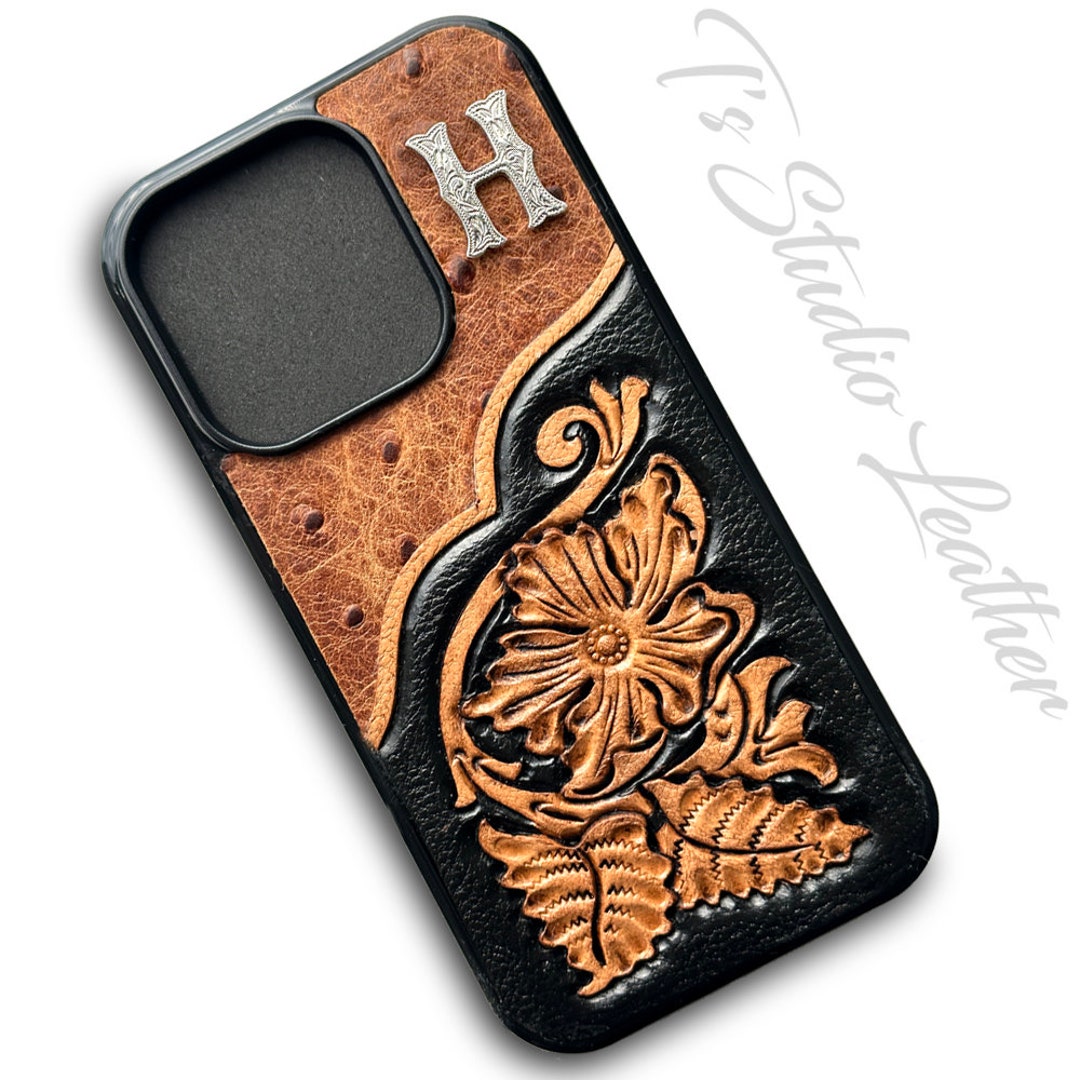Western Style Hand Tooled With Ostrich Print Leather Phone Case, for ...
