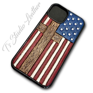 Patriotic American Flag and Cross Hand Tooled Genuine Leather Phone ...