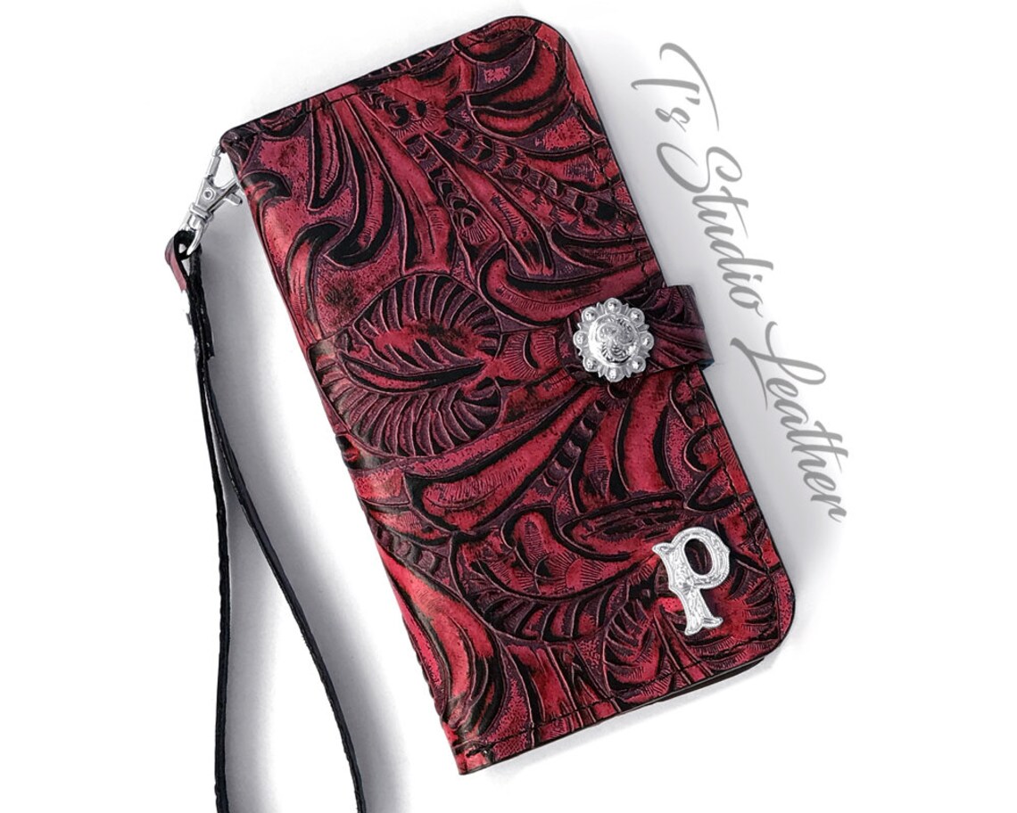 Burgundy Red & Black Tool Leather Phone Case Western Style - Etsy