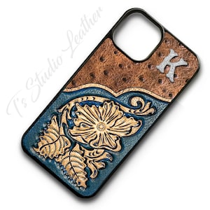 Western Style Hand Tooled With Ostrich Print Leather Phone Case, for ...
