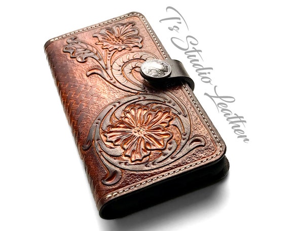 Western Style Hand Tooled Leather Wallet Style Phone Case by | Etsy