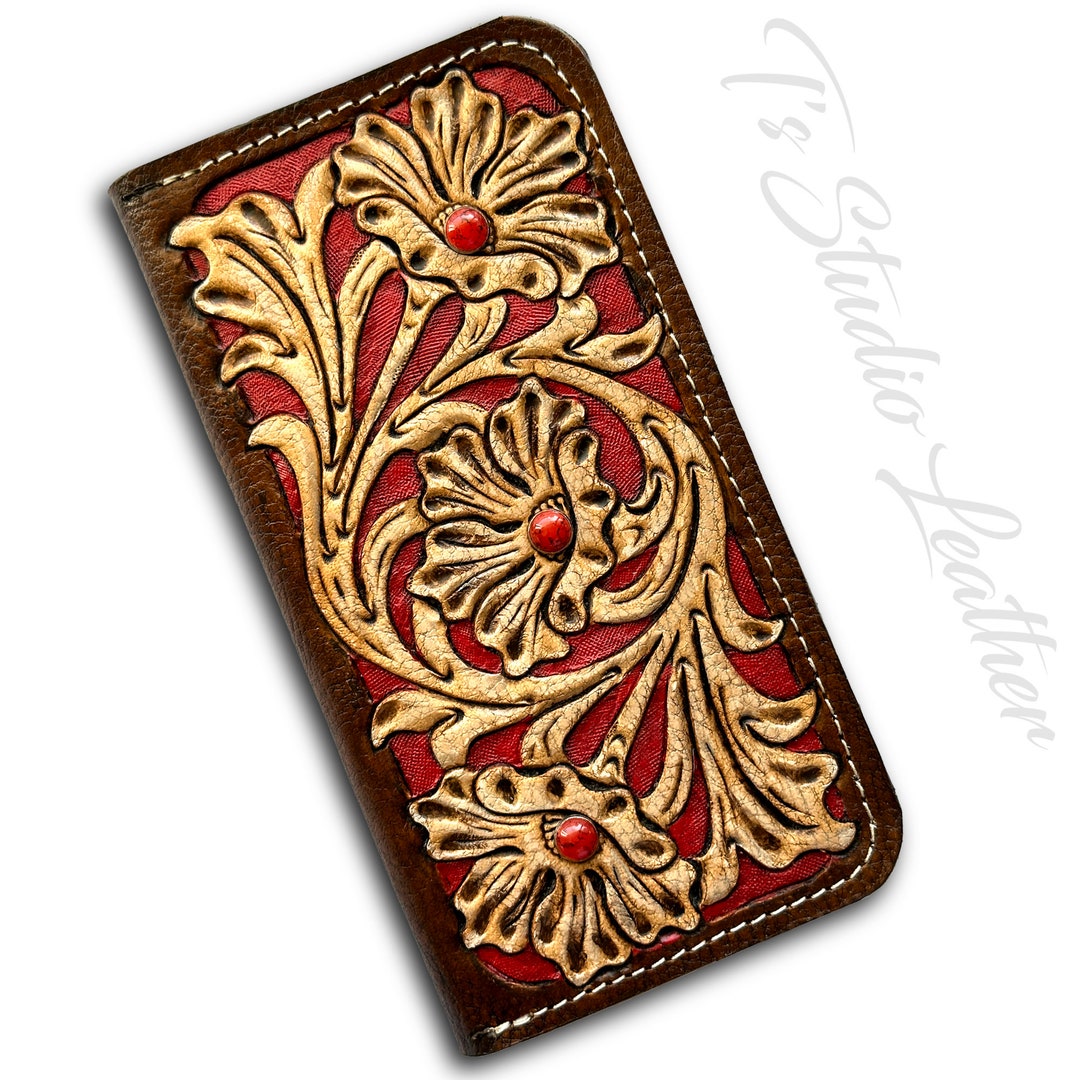 Red Leather Western Style Hand Tooled Wallet Style Phone Case - Ts ...