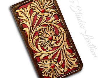 Black Leather Western Style Hand Tooled Wallet Style Phone Case by Ts ...