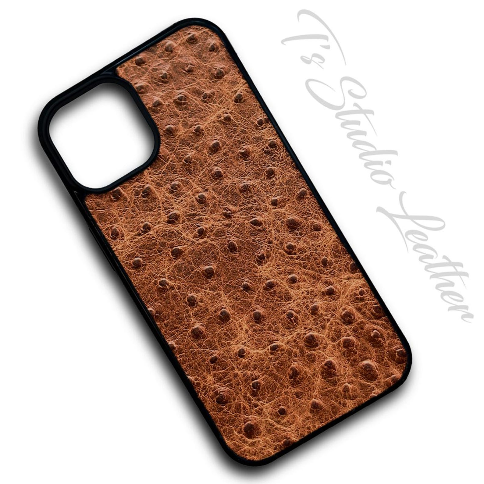 Cognac Brown Ostrich Print Leather Phone Case - Genuine Cowhide Emu ...