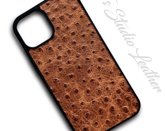 Cognac Brown Ostrich Print Leather Phone Case - Genuine Cowhide Emu ...