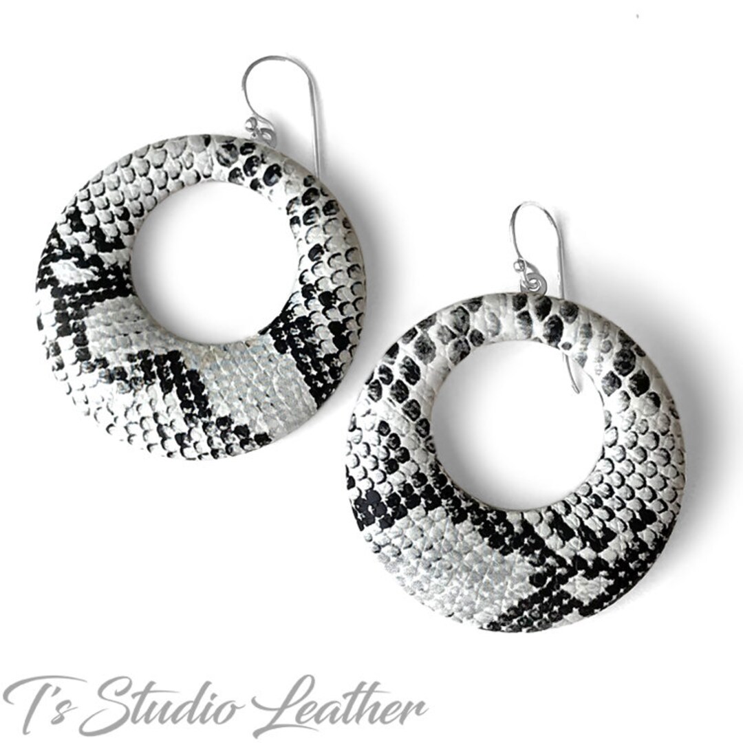Black and White Python Snakeskin Leather Hoop Earrings - Available in ...