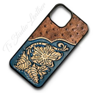 Western Style Hand Tooled With Ostrich Print Leather Phone Case, for ...
