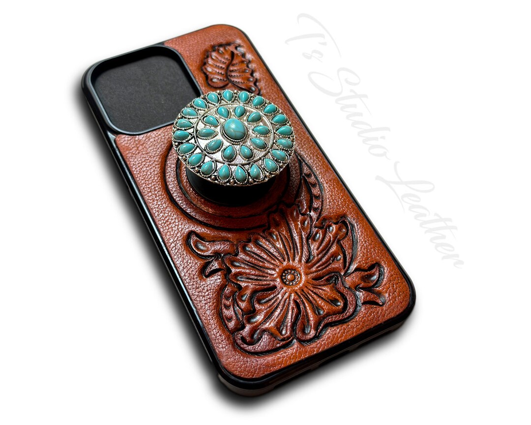 Leather Phone Case With Turquoise Popsocket Style Inspired Grip ...