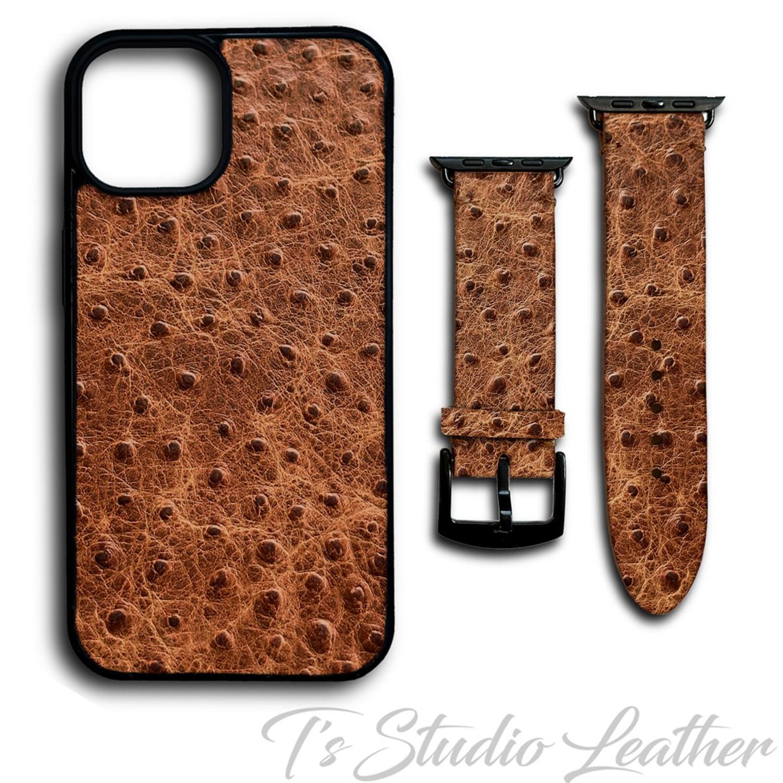 Cognac Brown Ostrich Print Leather Phone Case - Genuine Cowhide Emu ...