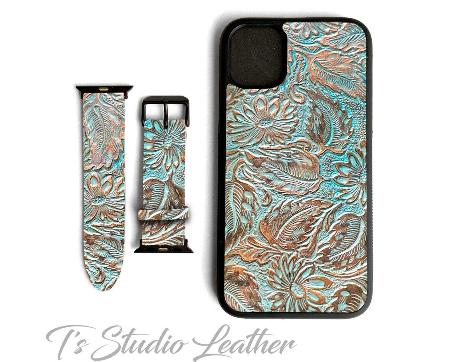 Copper and Turquoise Embossed Leather Phone Case by Ts Studio - Etsy