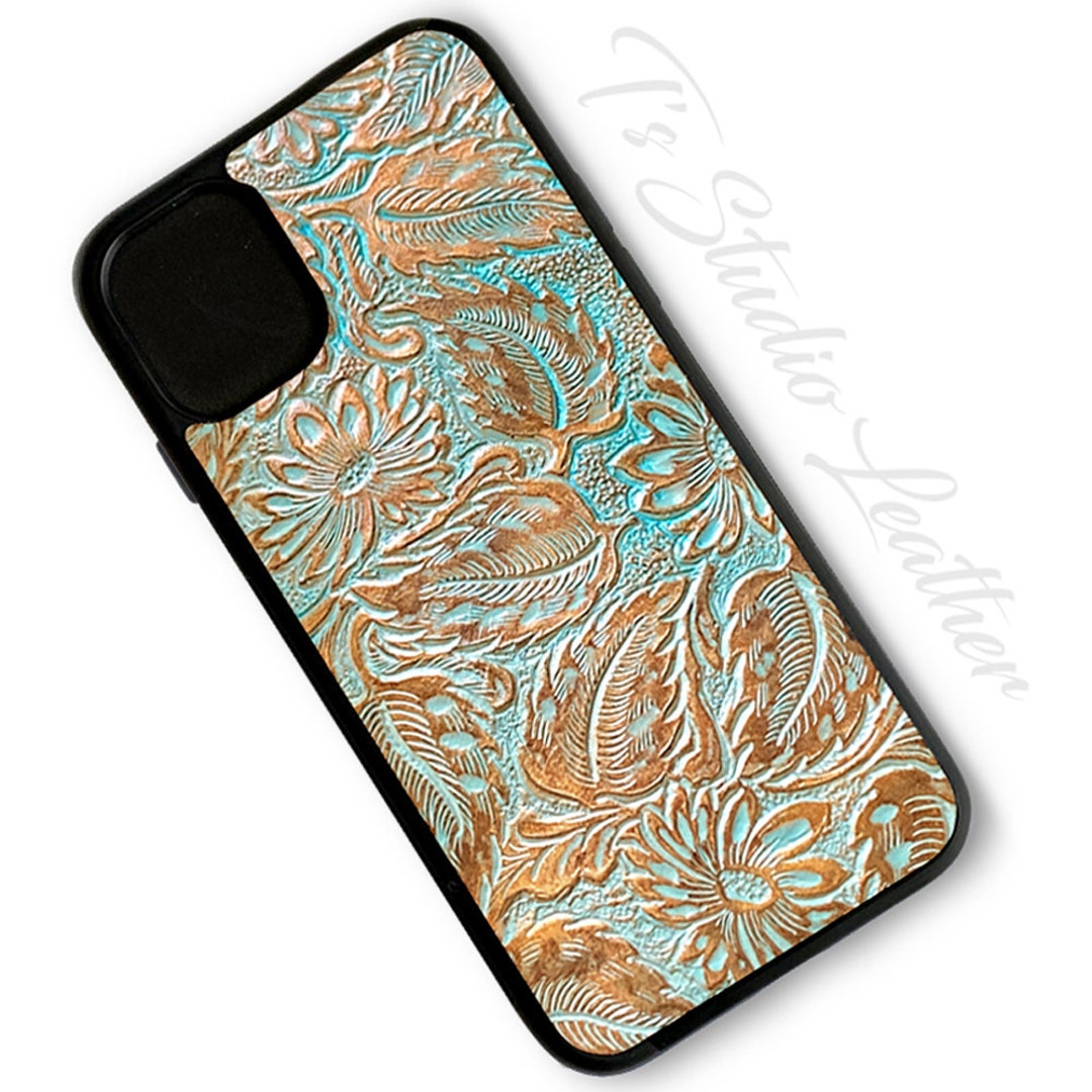 Copper and Turquoise Embossed Leather Phone Case by Ts Studio Leather ...