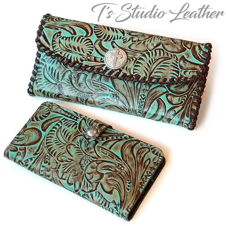 Genuine Leather Western Style Tri Fold Women's Wallet in Turquoise ...