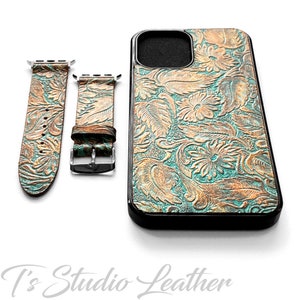 Copper and Turquoise Embossed Leather Phone Case by Ts Studio Leather ...