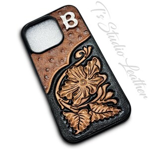 Western Style Hand Tooled With Ostrich Print Leather Phone Case, for ...