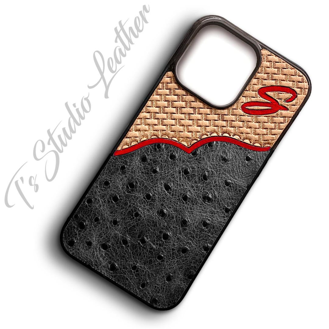 Hand Tooled Basketweave Pattern Leather With Ostrich Print Cowhide ...