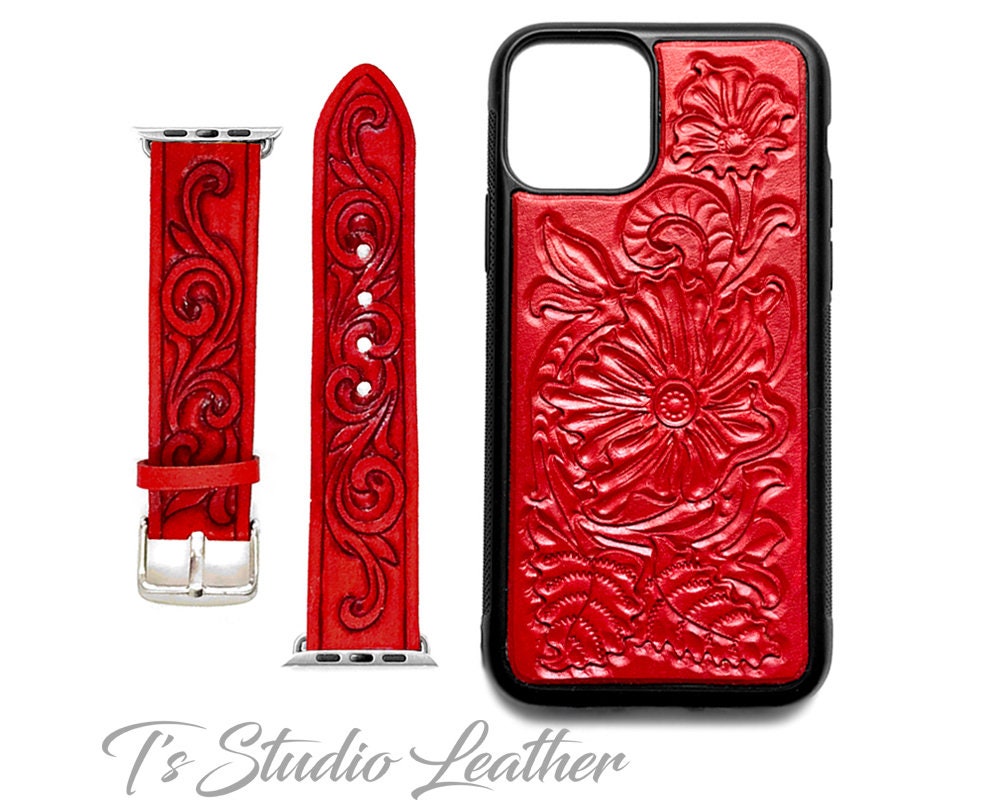 Hand Tooled Red Leather Phone Case - Western Style Tool Leather Floral ...