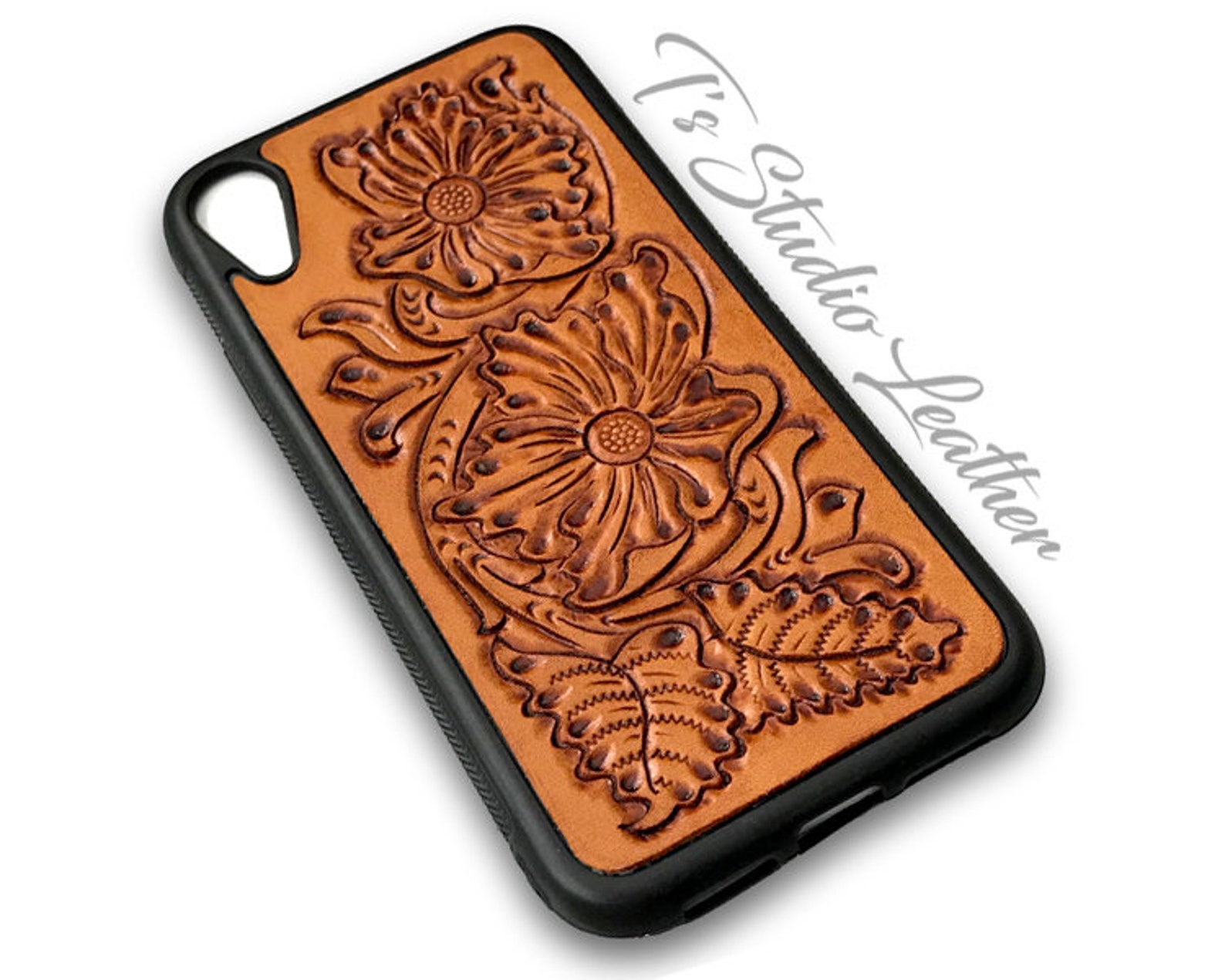 Hand Tooled Natural Tan Leather Phone Case - Western Style Tool Leather ...