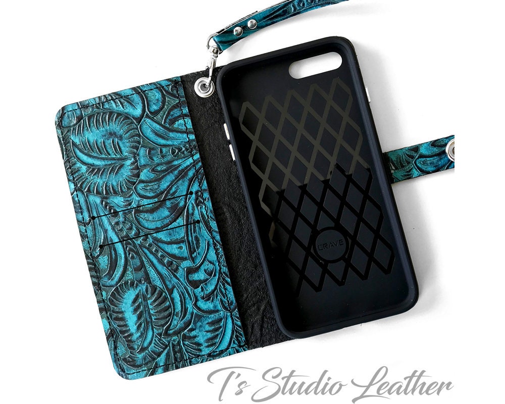 Turquoise and Black Embossed Leather Wallet Style Phone Case - Etsy