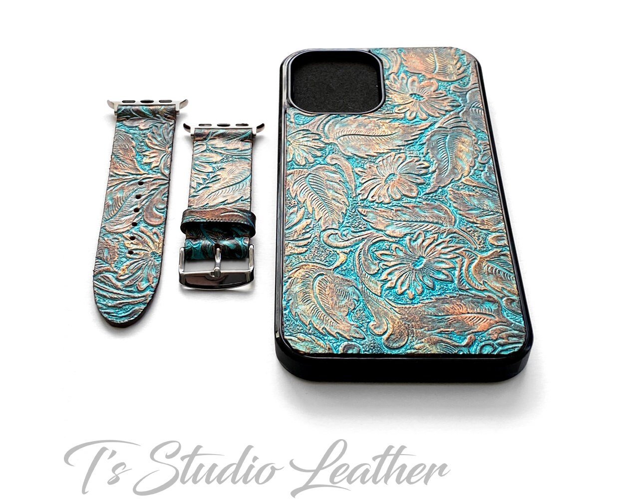 Copper and Turquoise Embossed Leather Phone Case by Ts Studio - Etsy