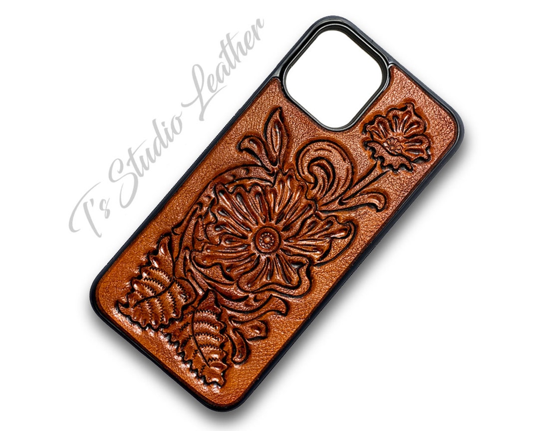 Western Style Hand Tooled Floral Design Leather Phone Case in Brown ...