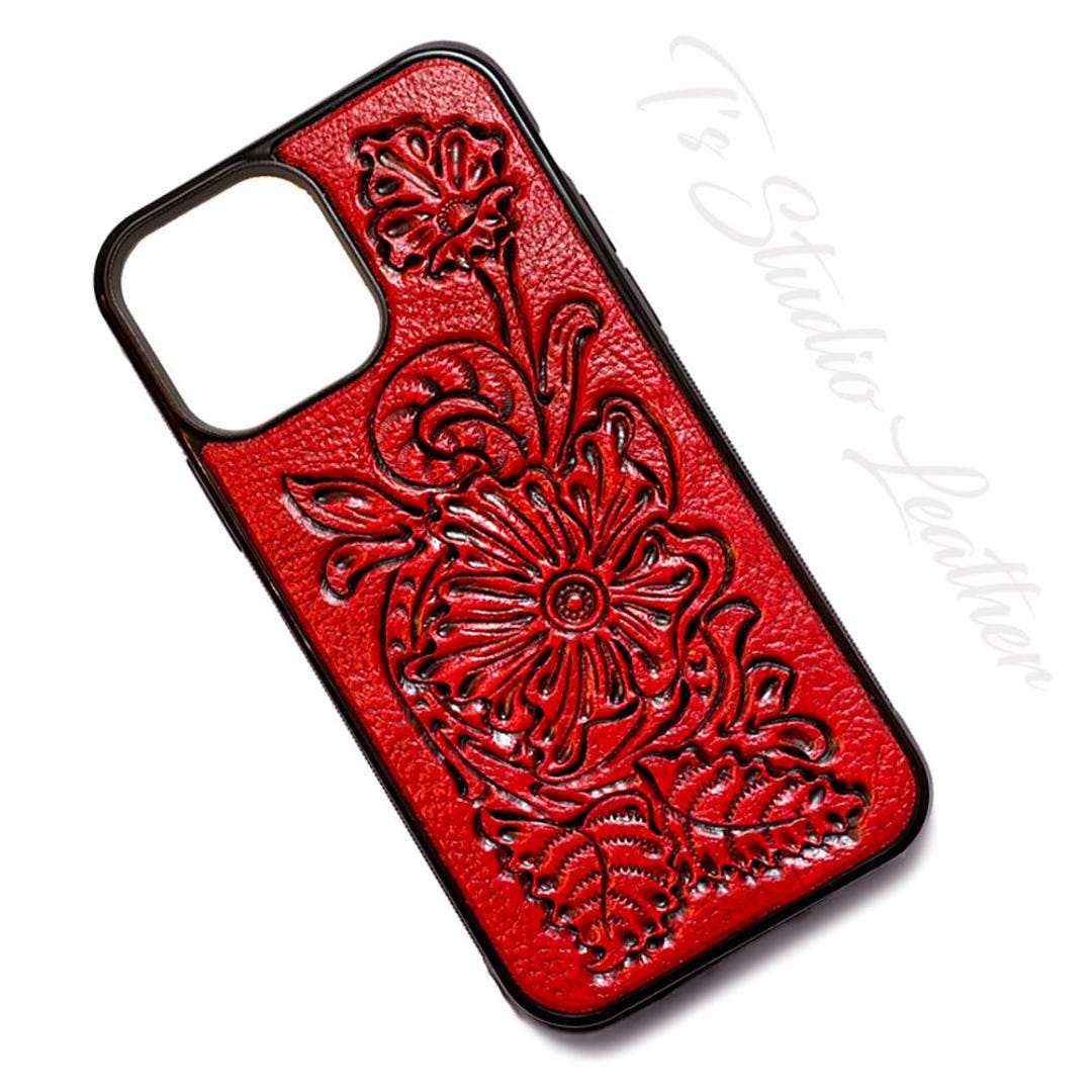 Hand Tooled Antique Red Leather Phone Case - Western Style Tool Leather ...