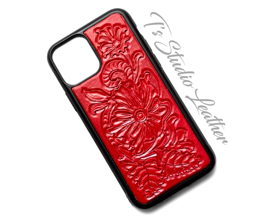 Hand Tooled Red Leather Phone Case - Western Style Tool Leather Floral ...