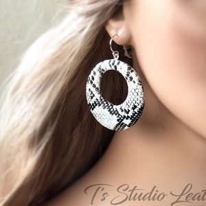 Black and White Python Snakeskin Leather Hoop Earrings - Available in ...