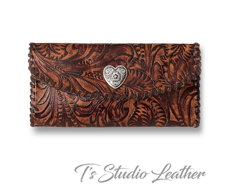 Genuine Leather Western Style Tri Fold Women's Wallet in Brown Floral ...