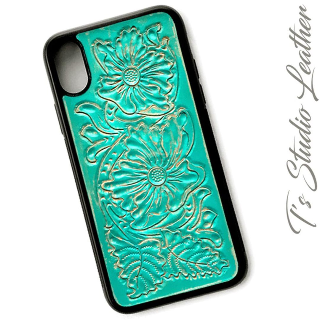 Hand Tooled Turquoise Leather Phone Case - Western Style Tool Leather ...