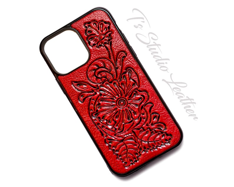 Hand Tooled Red Leather Phone Case - Western Style Tool Leather Floral ...