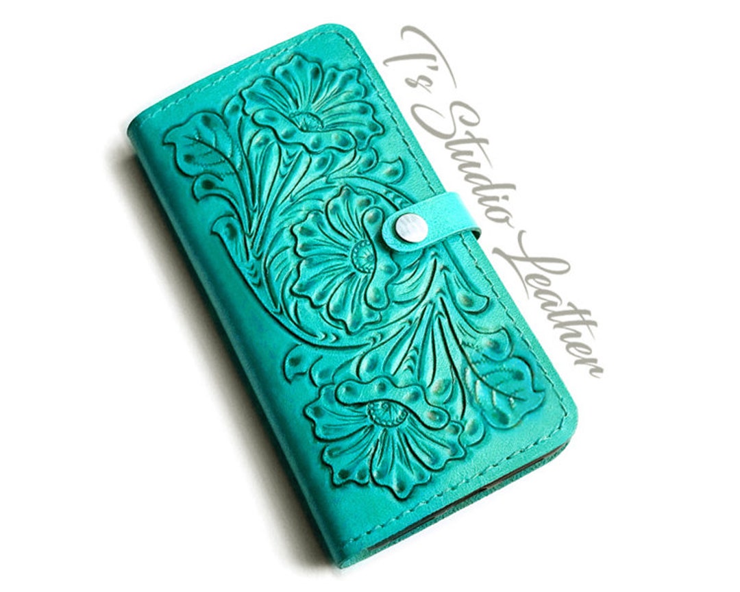 Turquoise Leather Western Style Hand Tooled Wallet Style Phone Case by ...