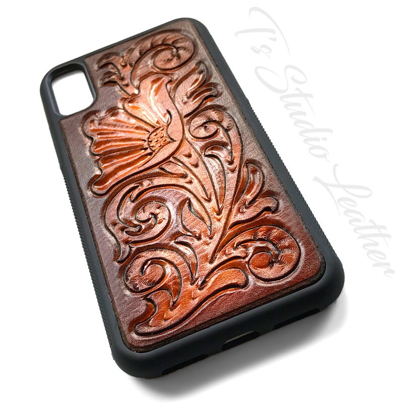 Western Style Hand Tooled Floral Design Leather Phone Case in Two Toned ...