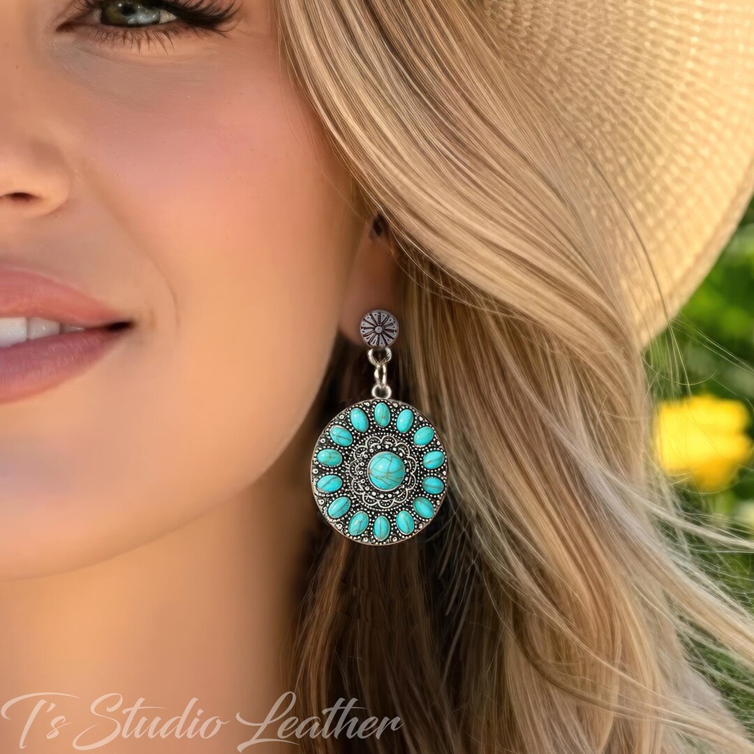 Western Style Round Silver Concho Earrings With Turquoise Accents on ...