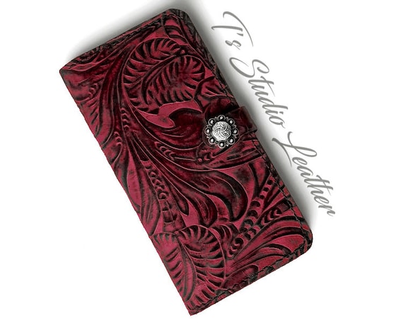 Burgundy Red & Black Tool Leather Phone Case Western Style - Etsy