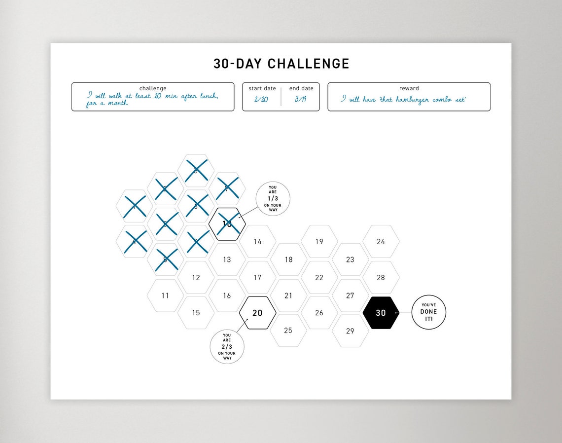 30 Day Challenge Tracker Printable Landscape Sheet Goal | Etsy