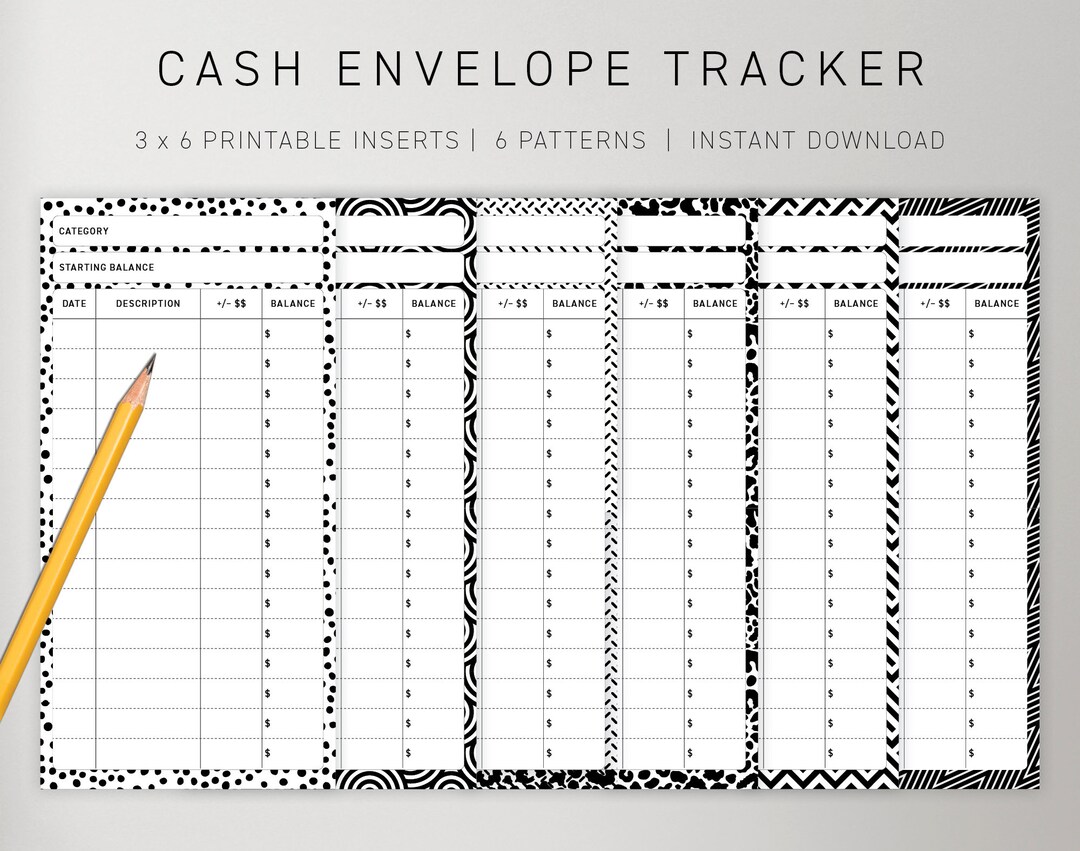 Cash Envelope Insert 3 X 6 Set of 6 Black White Theme Savings Tracker ...