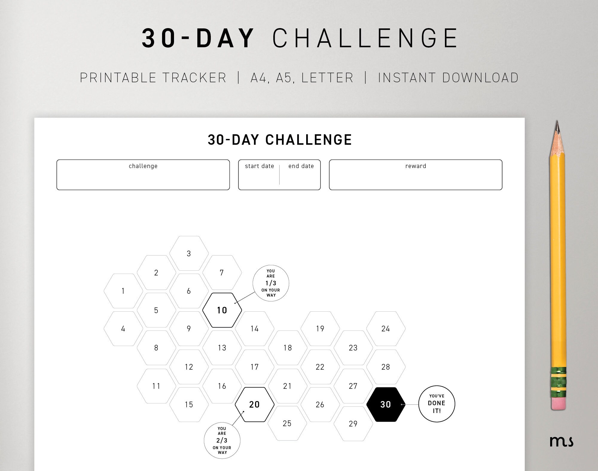 30 Day Challenge Tracker Printable Landscape Sheet Goal | Etsy