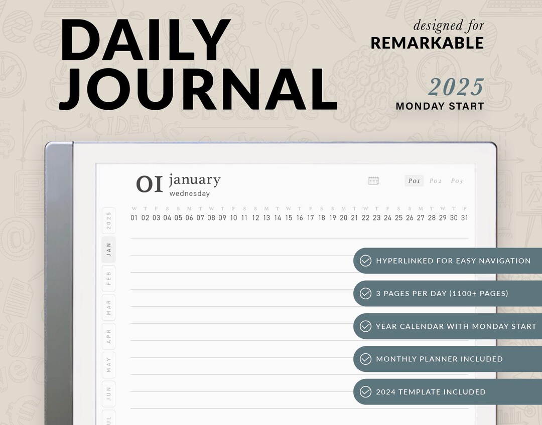 2024-2025 Daily Journal Template for Remarkable 2 Monday Start ...