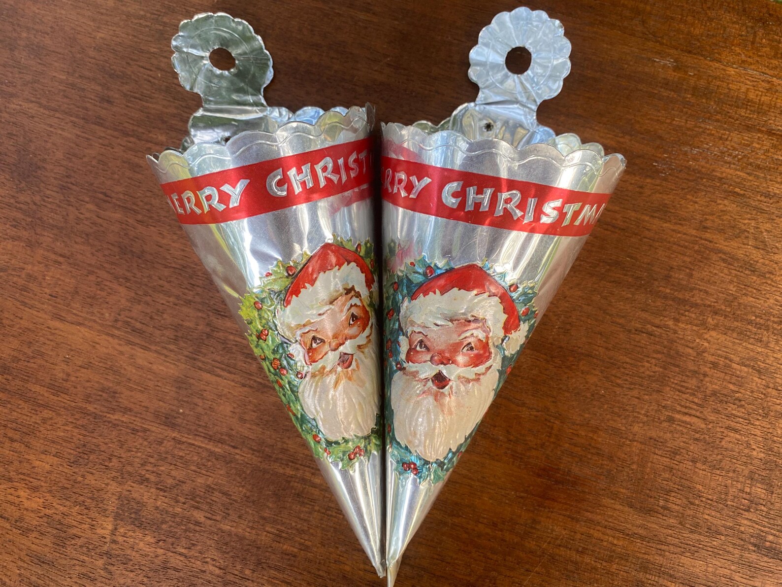 Vintage Merry Christmas Santa Silver Foil Tin Aluminum Cornucopia Cone ...