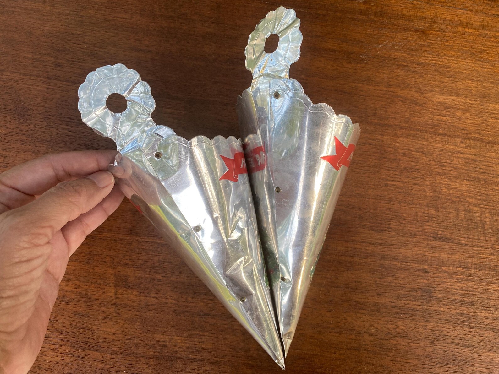 Vintage Merry Christmas Santa Silver Foil Tin Aluminum Cornucopia Cone ...