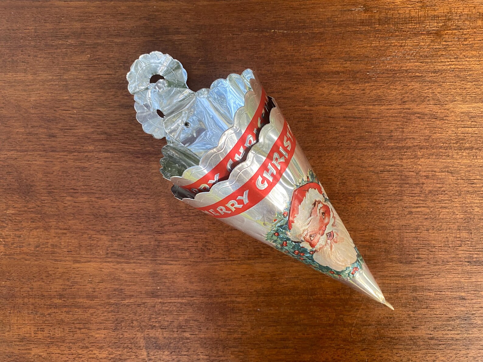 Vintage Merry Christmas Santa Silver Foil Tin Aluminum Cornucopia Cone ...