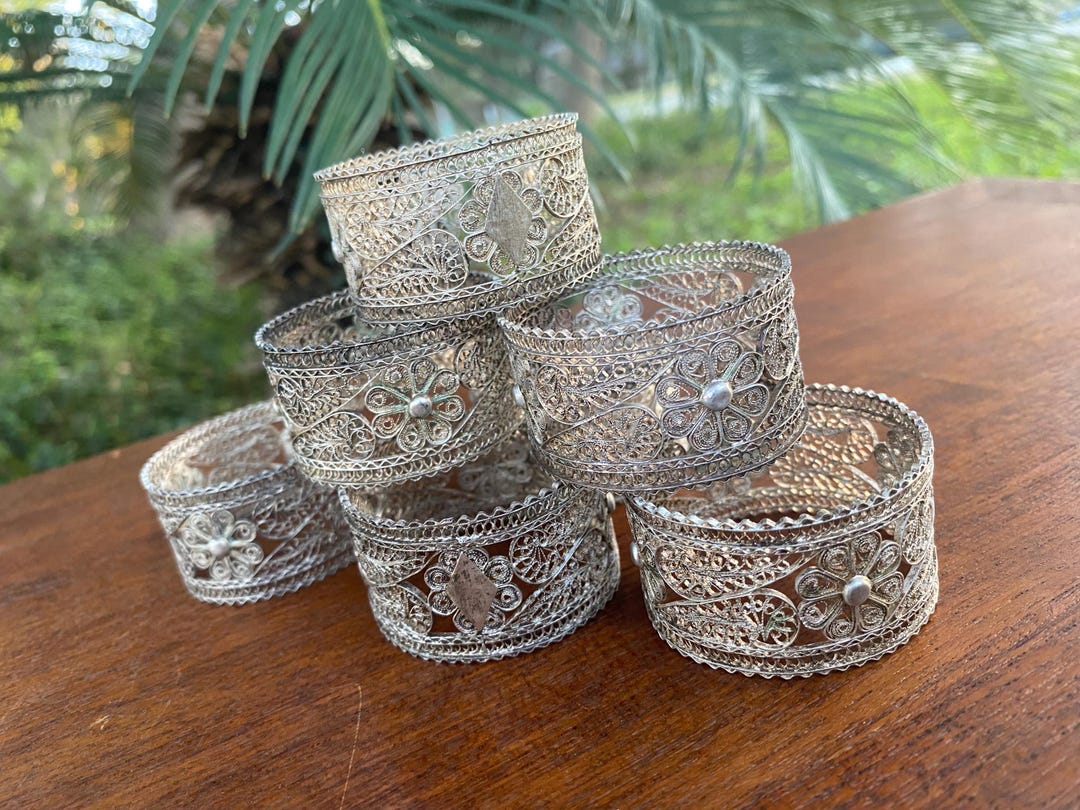 Antique Silver Filigree Intricate Flower Cartouche Napkin Rings Set of ...