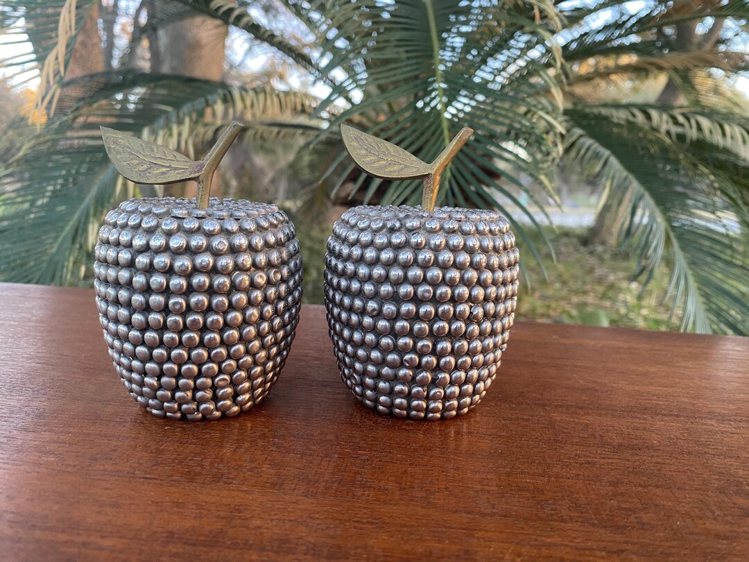 Vintage Brass Silver Metal Studded Apple India Pair Fruit Sculptural ...